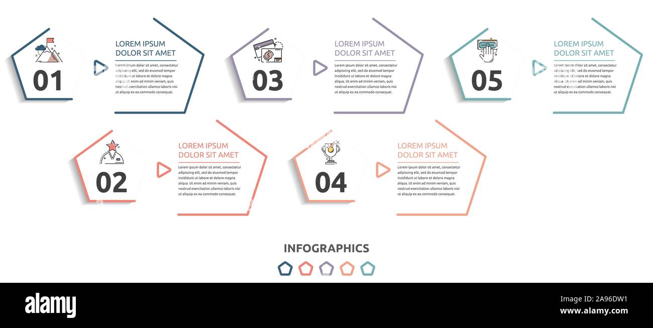 Vector flat infographic template. Line pentagon with text and icons for five diagrams, graph ...