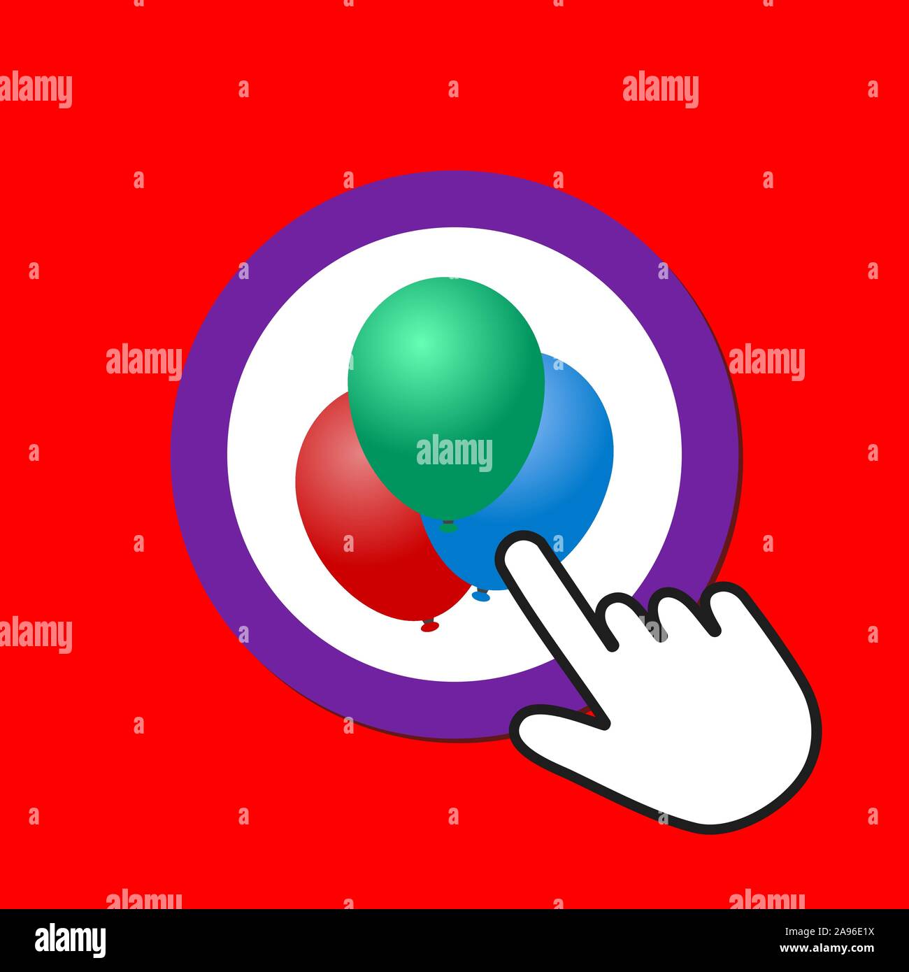 Ballons icon. Joy, holiday concept. Hand Mouse Cursor Clicks the Button. Pointer Push Press ...