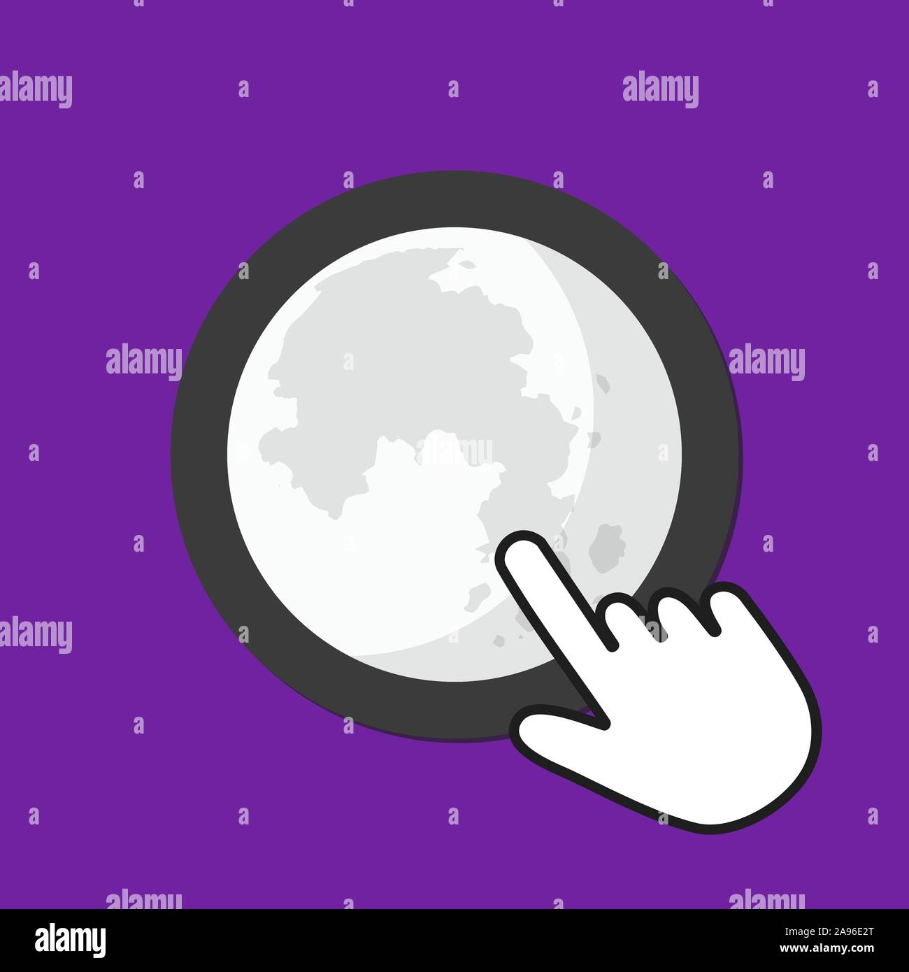 Moon icon. Space exploration concept. Hand Mouse Cursor Clicks the Button. Pointer Push Press ...