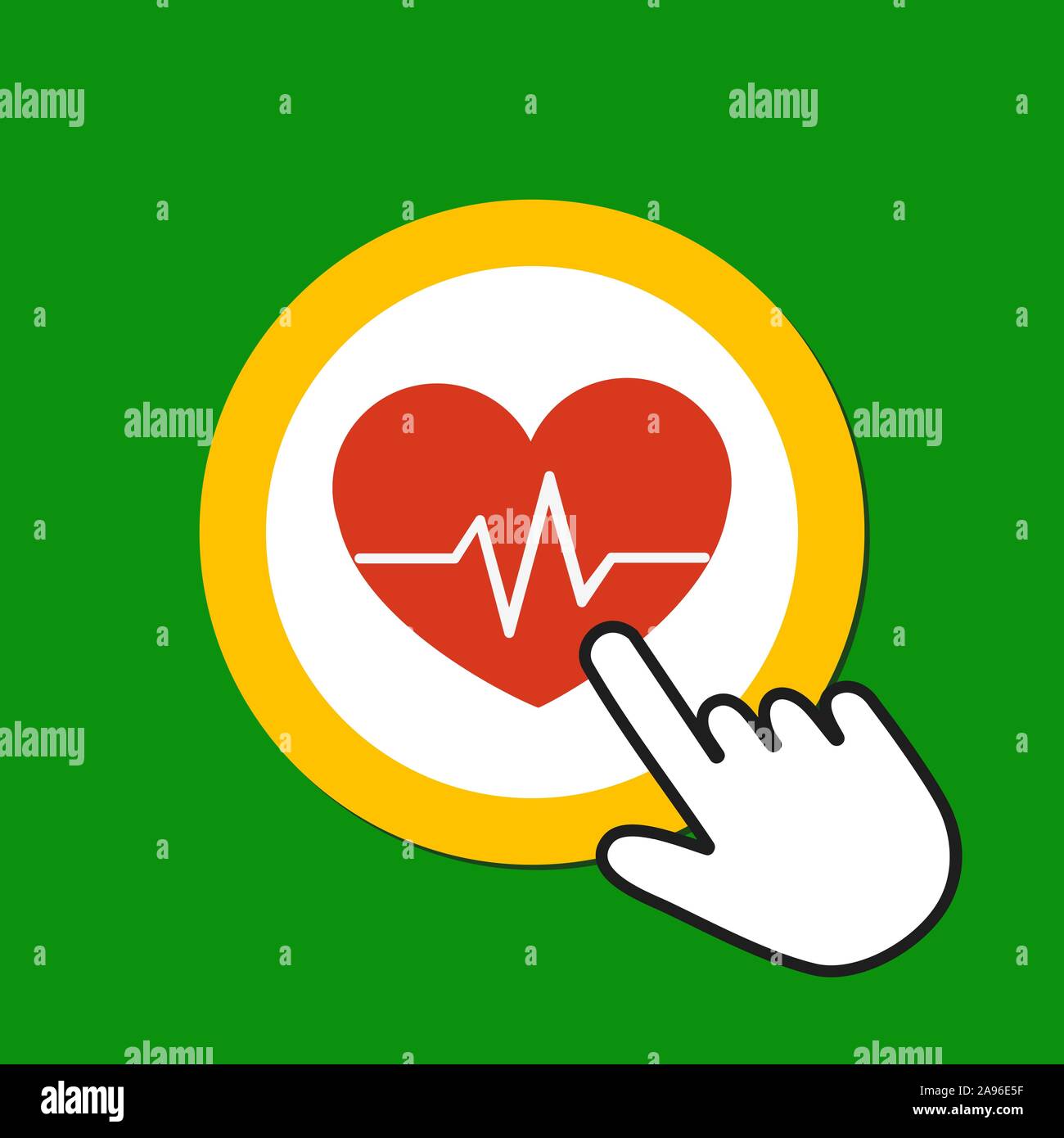 Heart with pulse icon. Heartbeat concept. Hand Mouse Cursor Clicks the Button. Pointer Push ...