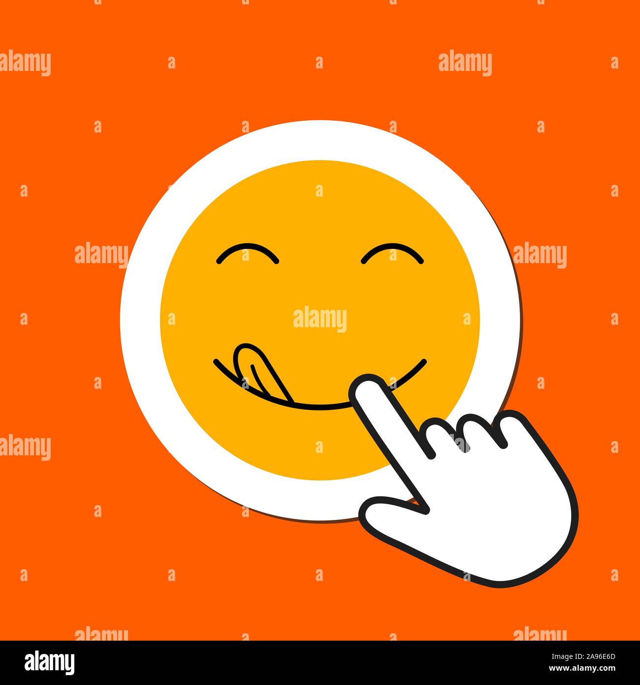 Smile with tongue icon. Delicious eating concept. Hand Mouse Cursor Clicks the Button. Pointer ...