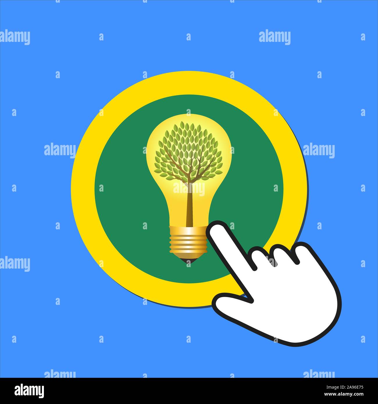 Lightbulb with tree inside icon. Eco energy concept. Hand Mouse Cursor Clicks the Button ...