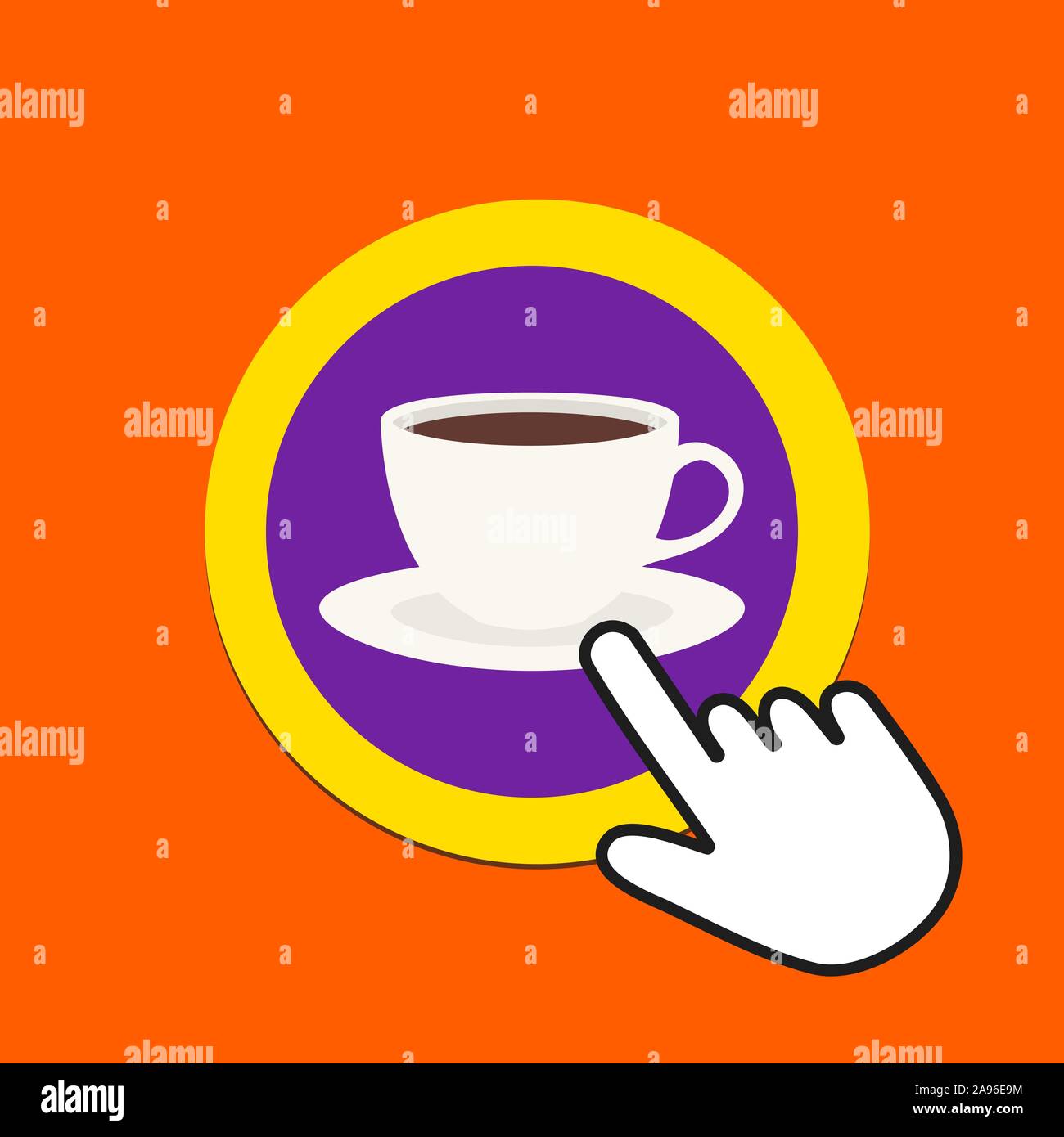 Coffee cup icon. Hot drink concept. Hand Mouse Cursor Clicks the Button. Pointer Push Press ...