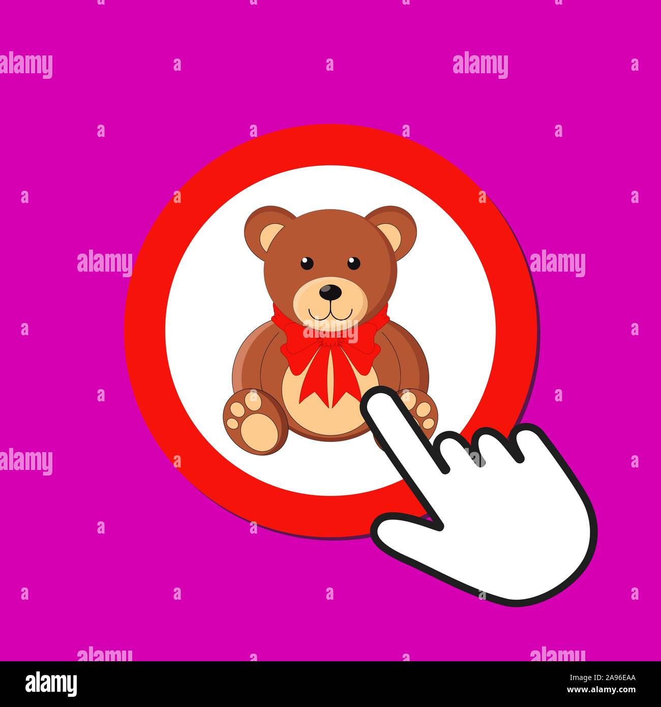 Teddy bear with red bow icon. Cute gift concept. Hand Mouse Cursor Clicks the Button. Pointer ...