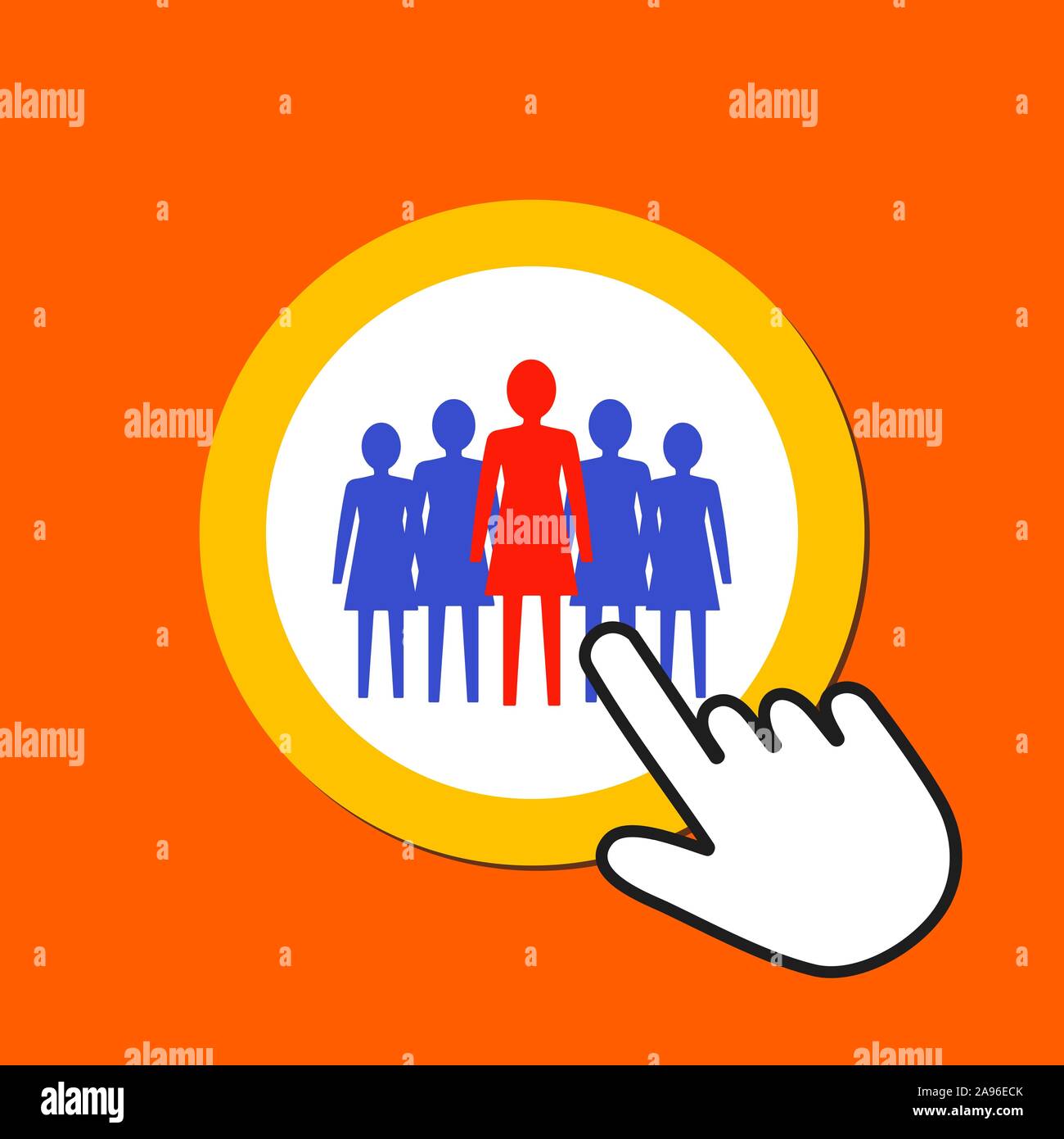 Female figures icon. Woman Team, leadership concept. Hand Mouse Cursor Clicks the Button ...