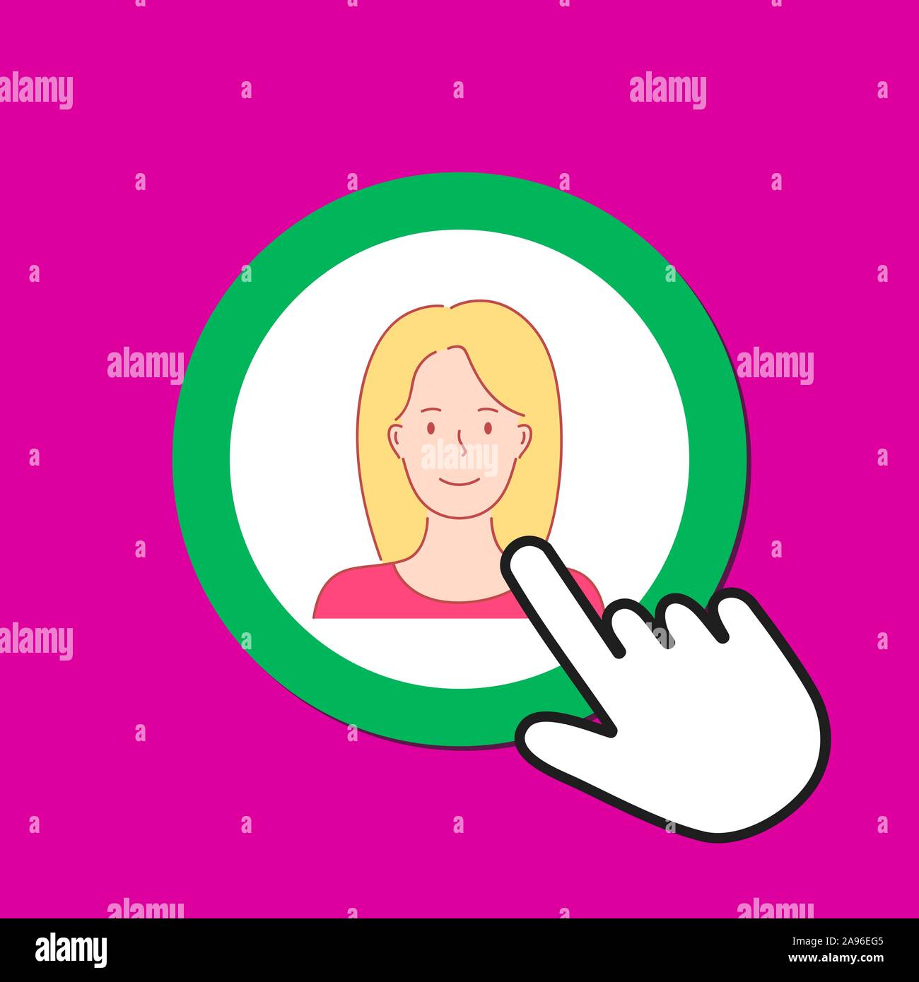 Female avatar icon. Personal profile concept. Hand Mouse Cursor Clicks the Button. Pointer Push ...