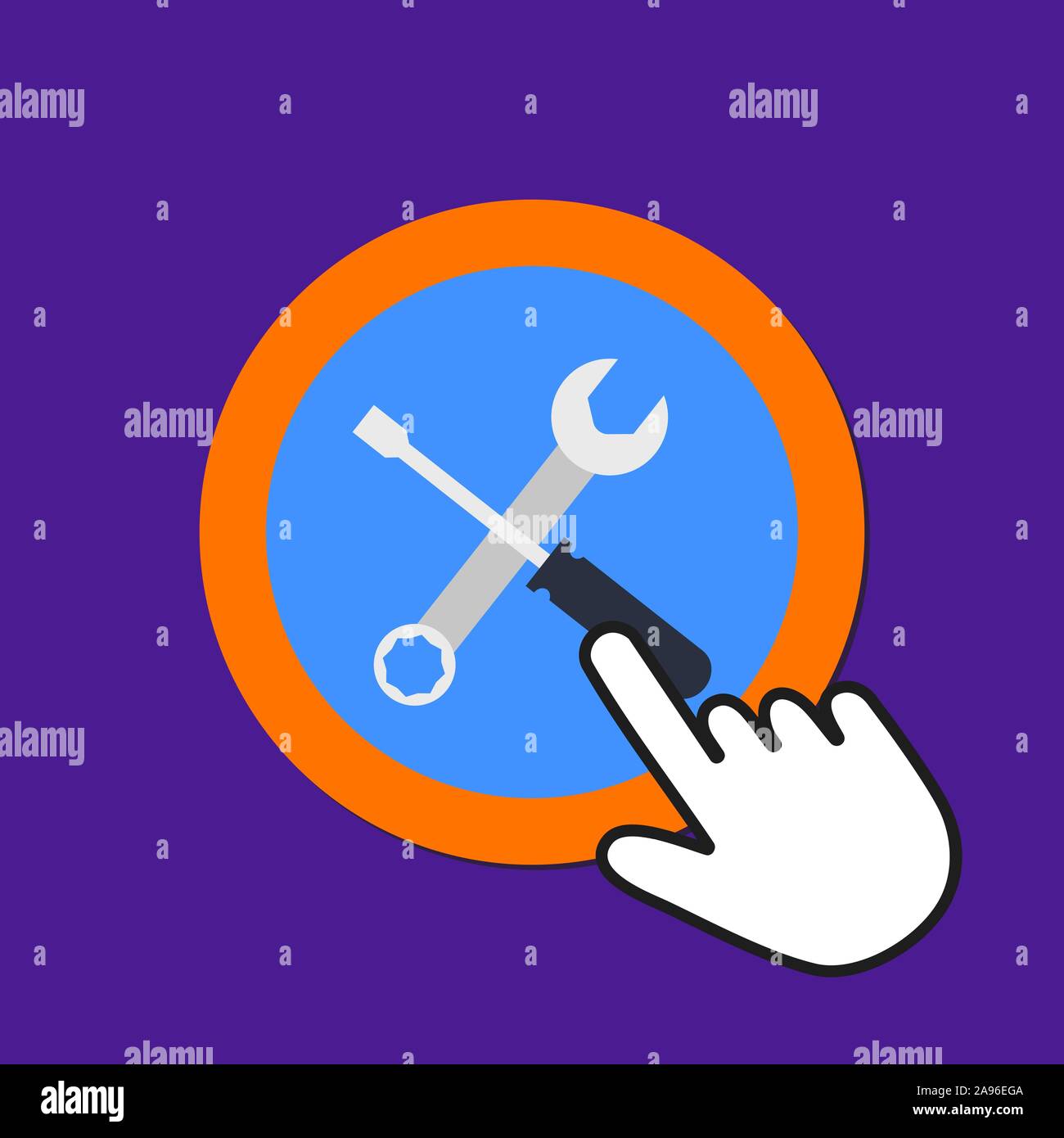 Wrench with screwdriver icon. Repair concept. Hand Mouse Cursor Clicks the Button. Pointer Push ...