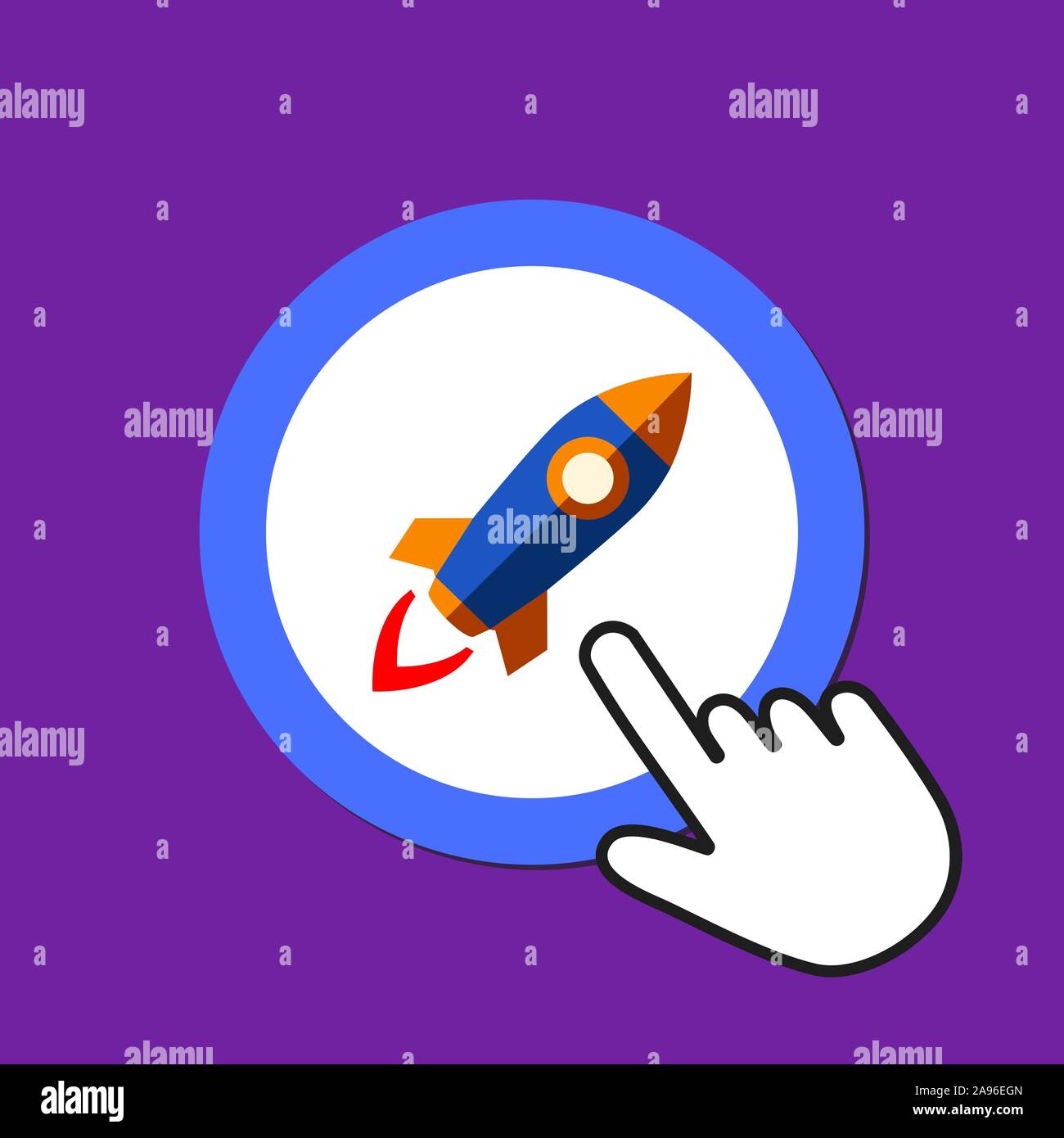 Space rocket icon. Launching, startup concept. Hand Mouse Cursor Clicks the Button. Pointer Push ...