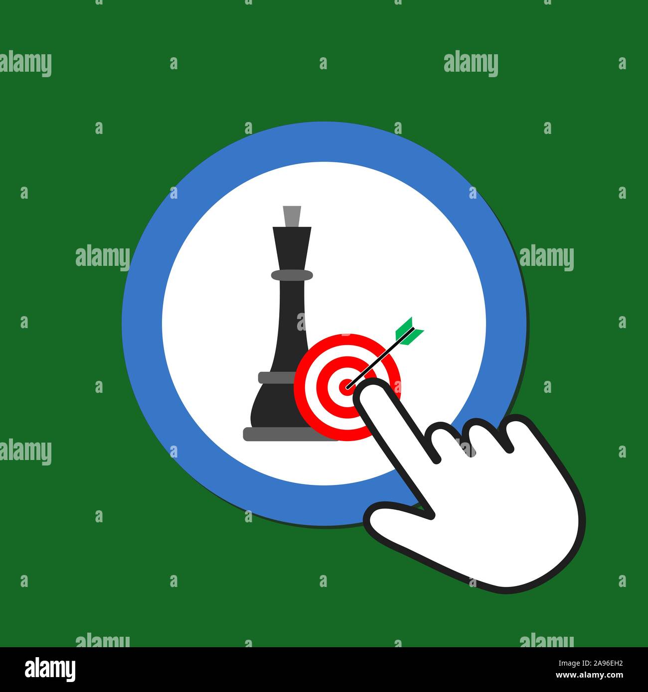 Queen with target icon. Strategy concept. Hand Mouse Cursor Clicks the Button. Pointer Push ...