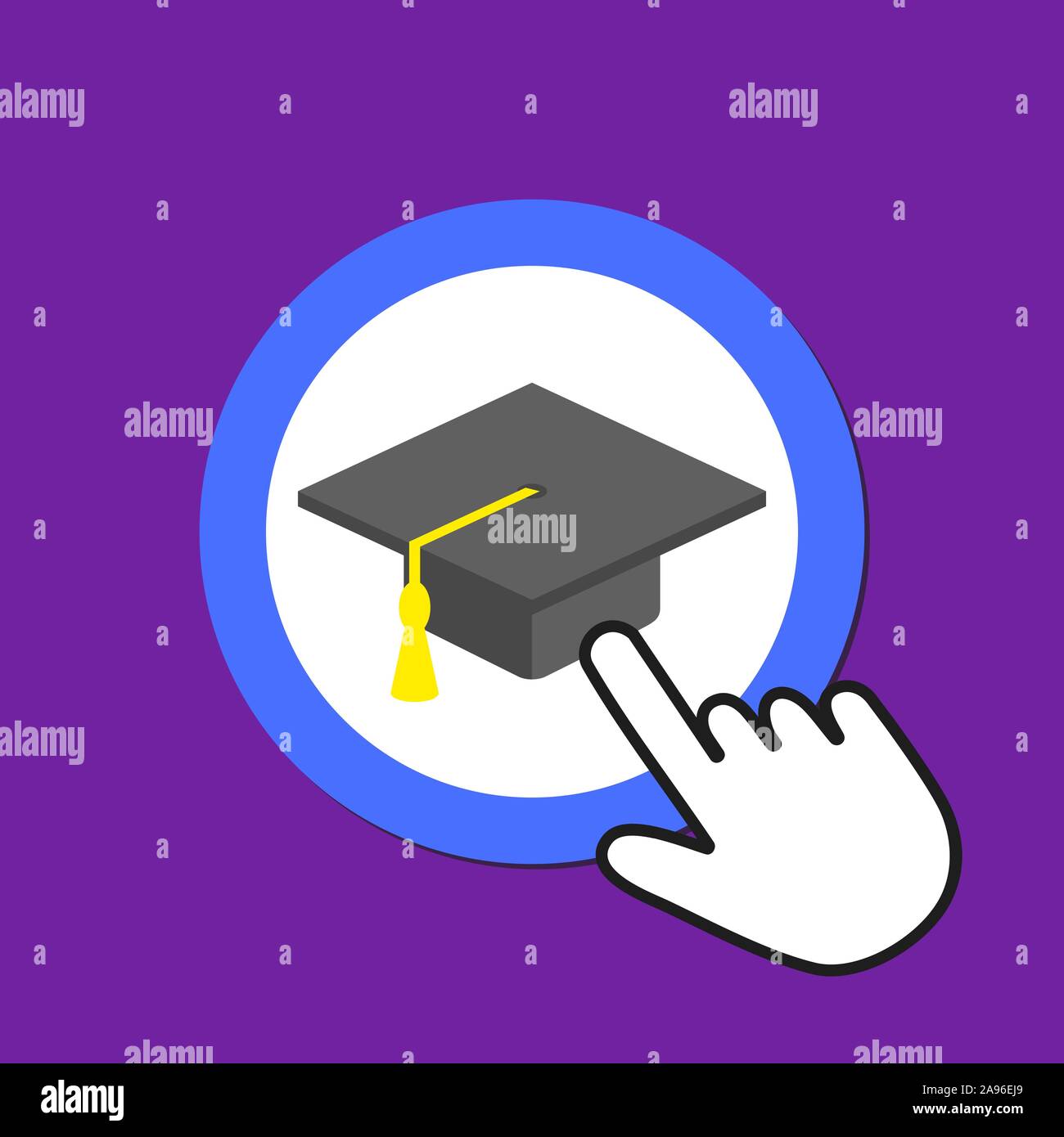 Graduate hat icon. Academic degree concept. Hand Mouse Cursor Clicks the Button. Pointer Push ...