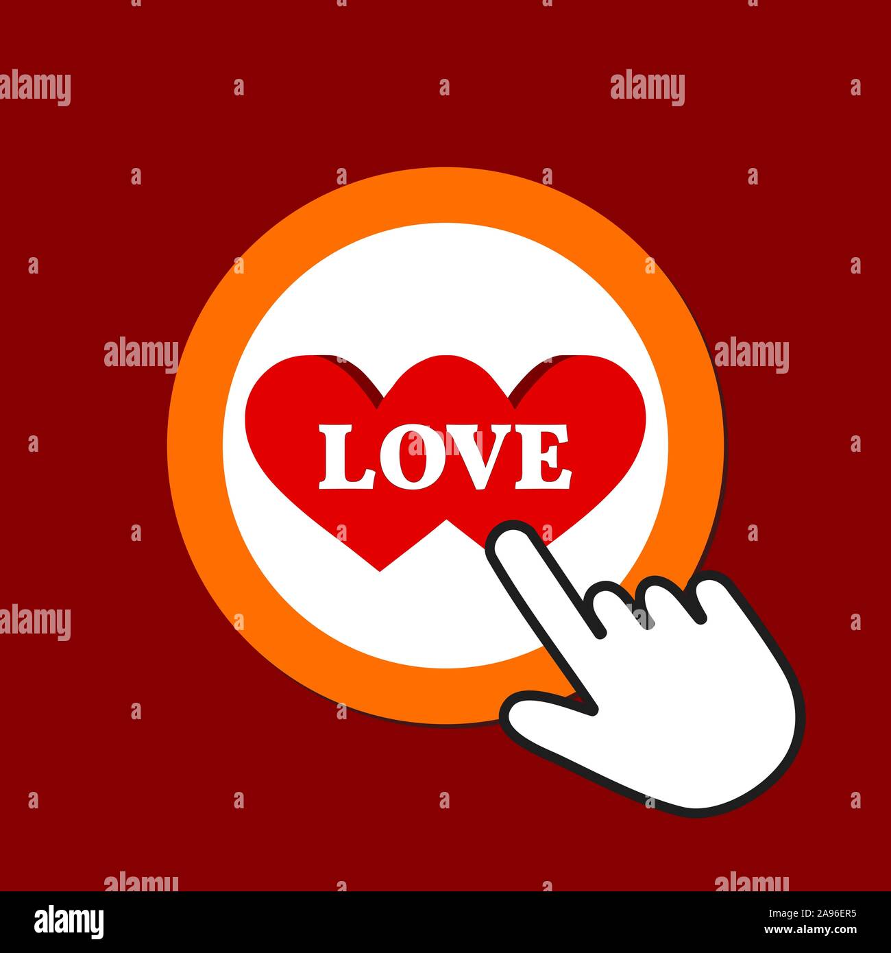 Two splitted hearts icon. Love concept. Hand Mouse Cursor Clicks the Button. Pointer Push Press ...