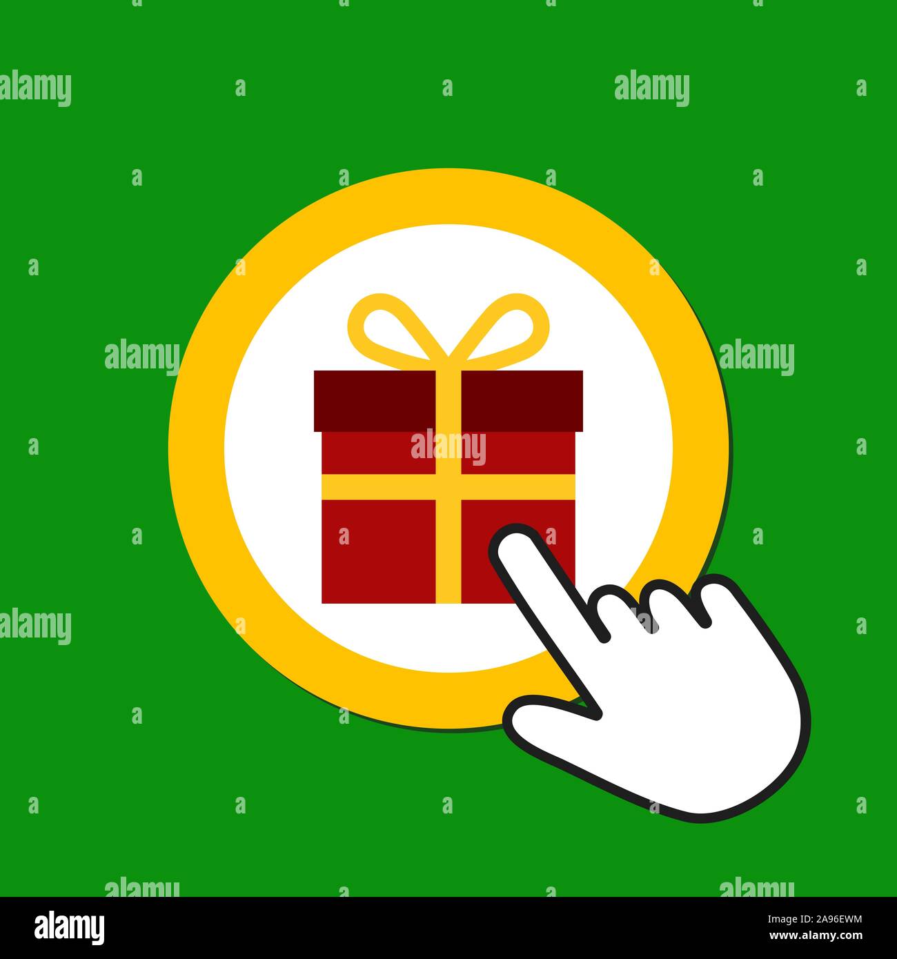 Gift box icon. Present, bonusl concept. Hand Mouse Cursor Clicks the Button. Pointer Push Press ...