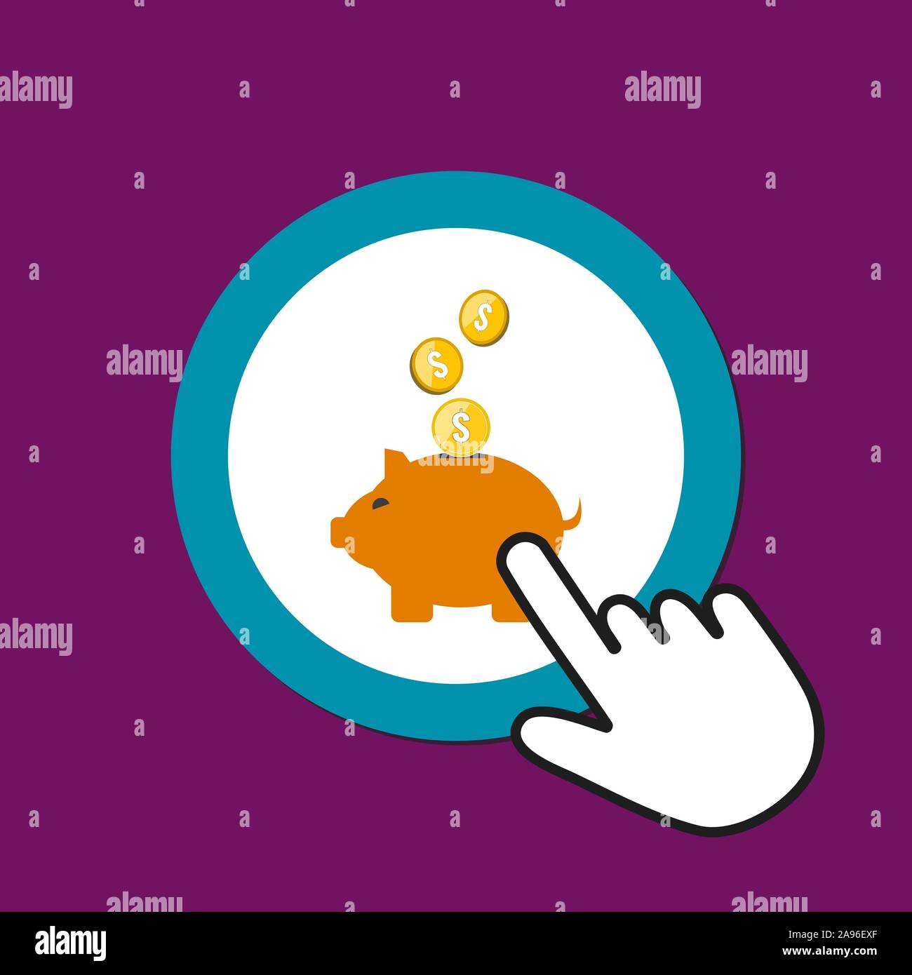 Piggy bank icon. Saving money concept. Hand Mouse Cursor Clicks the ...
