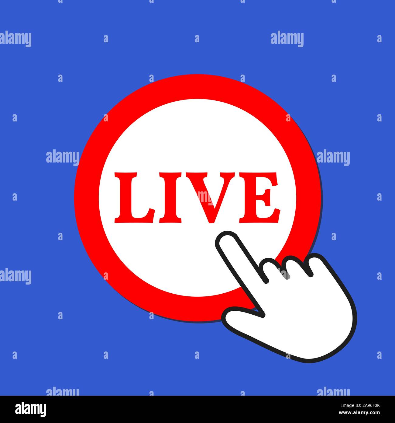 Live icon. Online streaming concept. Hand Mouse Cursor Clicks the Button. Pointer Push Press ...