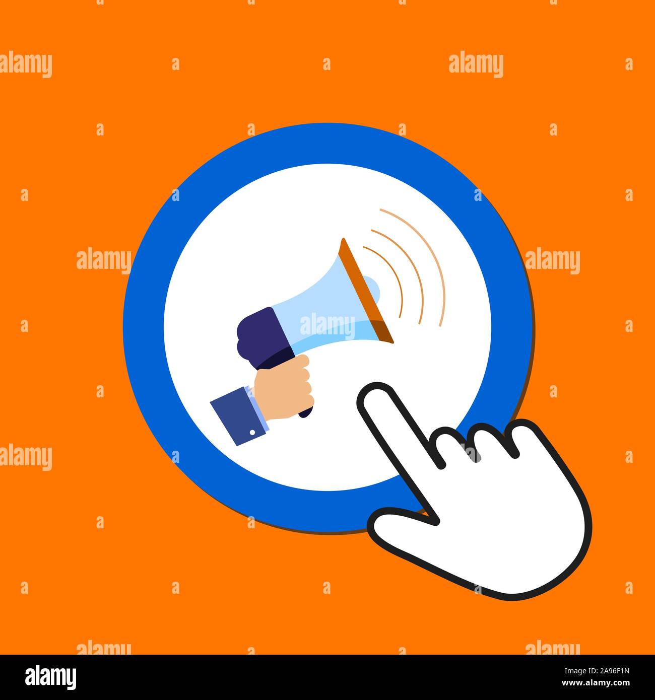 Megaphone icon. Promotion concept. Hand Mouse Cursor Clicks the Button. Pointer Push Press Stock ...