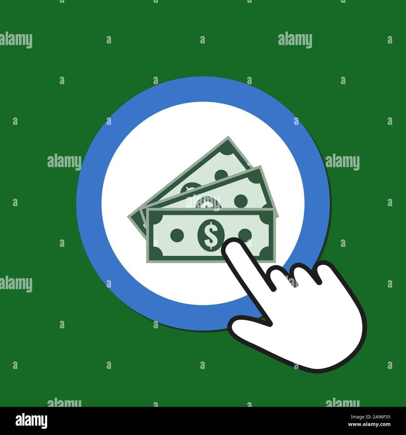 Cash banknotes icon. Money, bonus concept. Hand Mouse Cursor Clicks the ...
