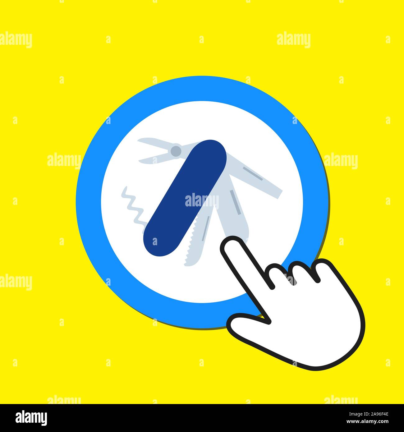 Multitool knife icon. Skill concept. Hand Mouse Cursor Clicks the Button. Pointer Push Press ...