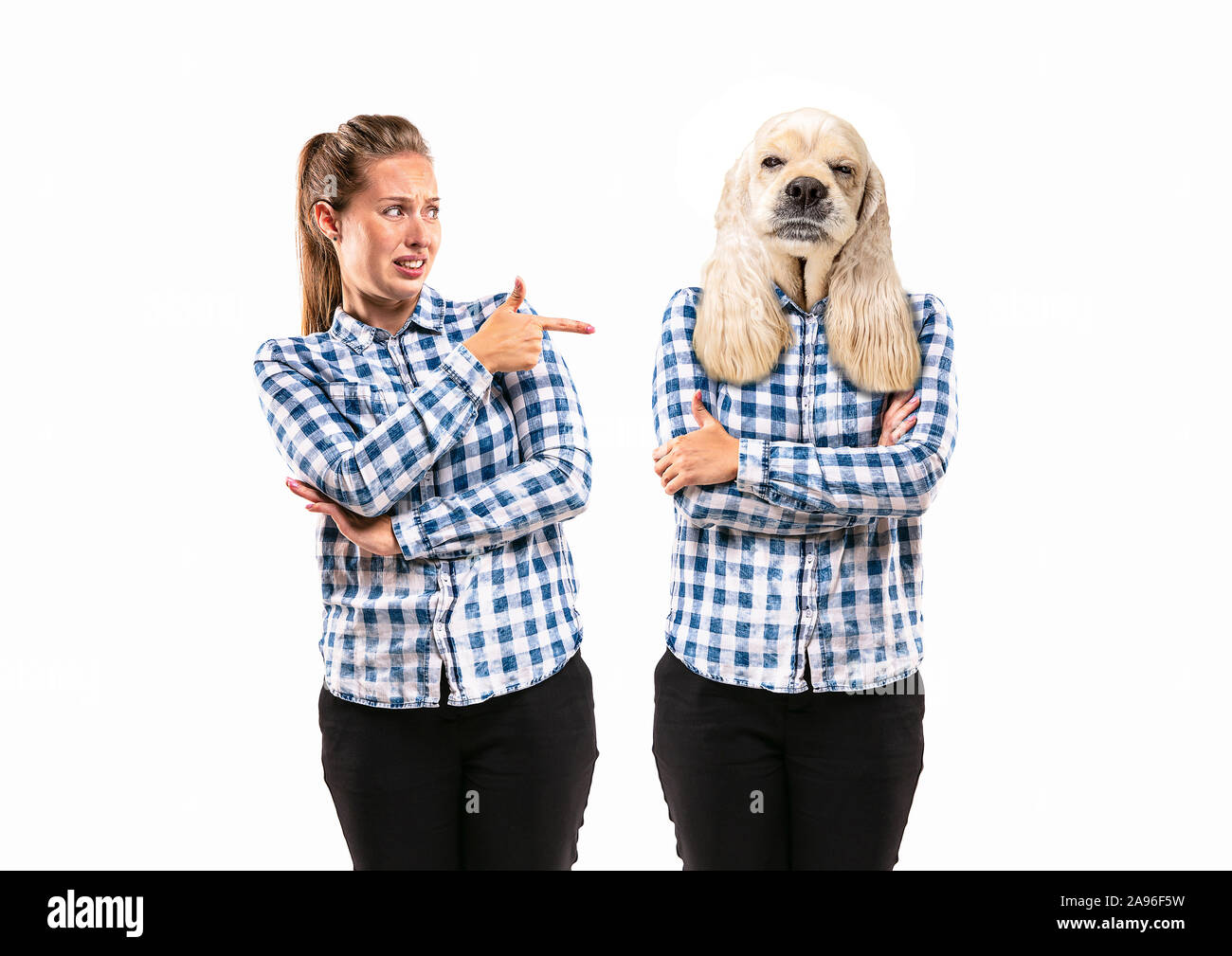 Portrait of young woman arguing with herself as a dog on white studio ...