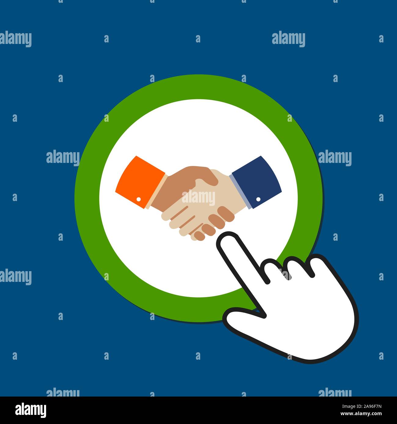 Handshake icon. Partnership concept. Hand Mouse Cursor Clicks the Button. Pointer Push Press ...