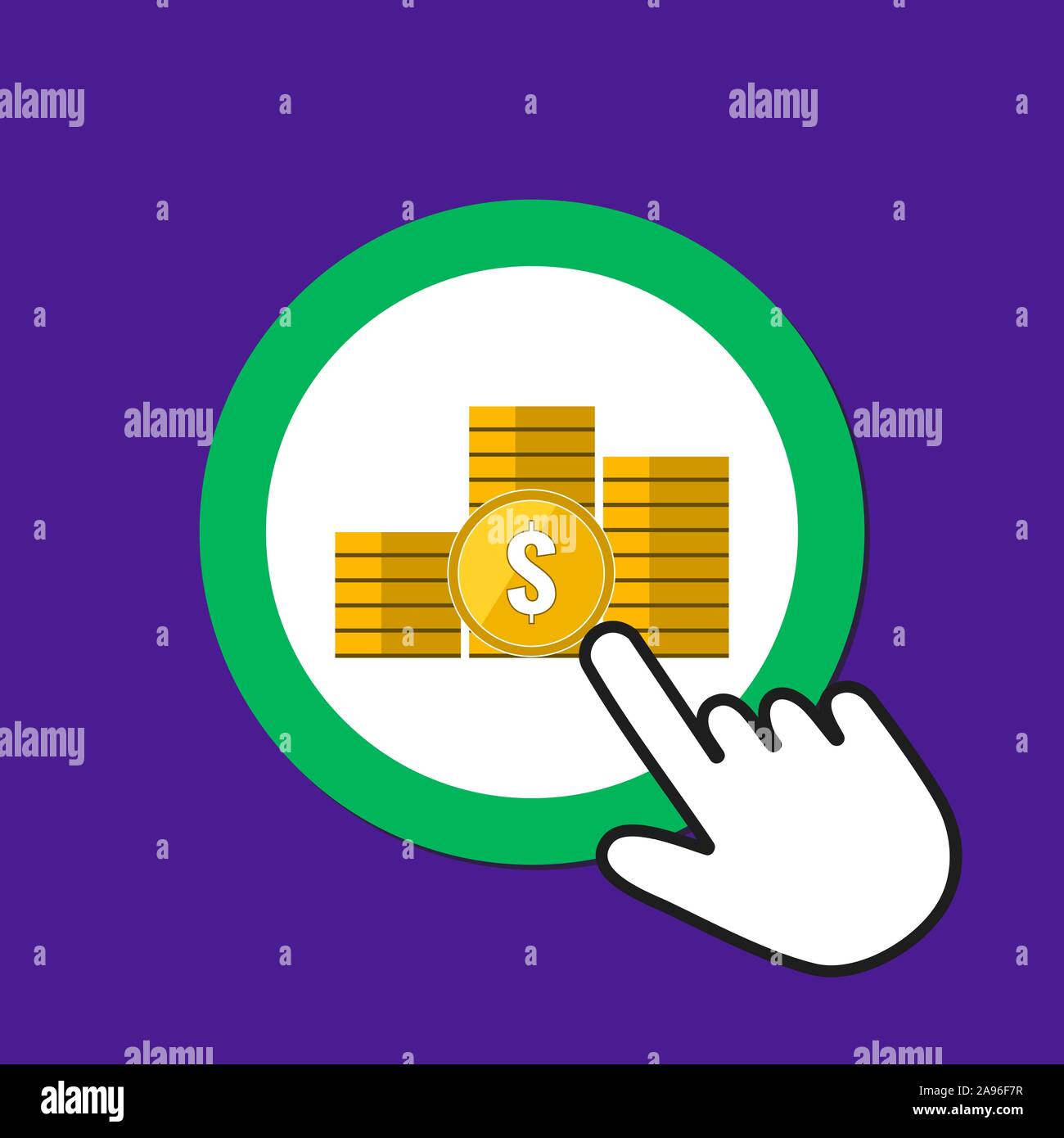 Coins icon. Money, bonus concept. Hand Mouse Cursor Clicks the Button ...