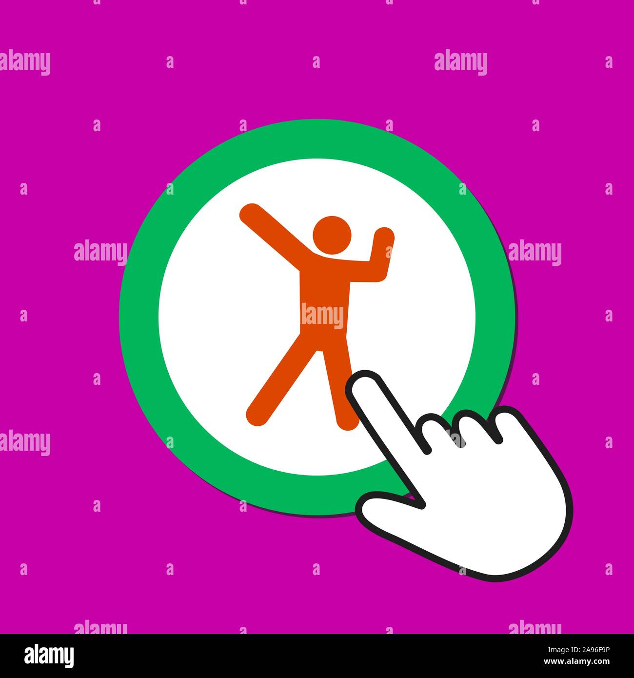 Dancing male icon. Happy, joy concept. Hand Mouse Cursor Clicks the Button. Pointer Push Press ...