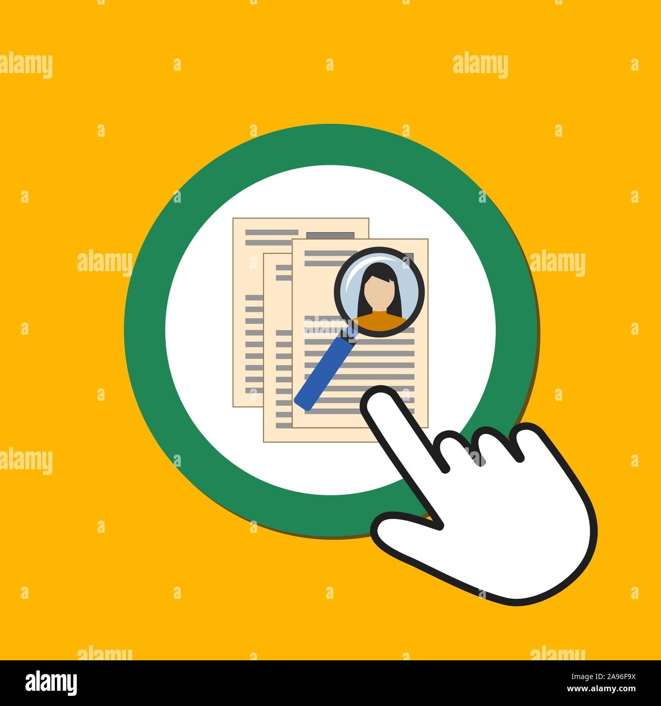 Resume with magnifying glass icon. HR management concept. Hand Mouse Cursor Clicks the Button ...