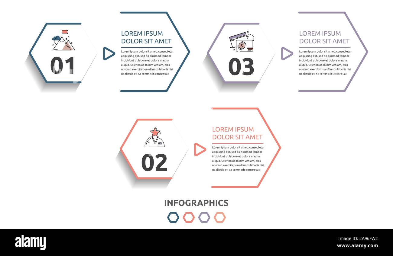 Vector flat infographic template. Line hexagon with text and icons for three diagrams, graph ...
