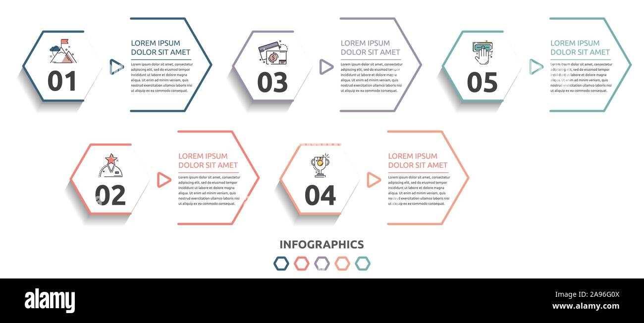 Vector flat infographic template. Line hexagon with text and icons for five diagrams, graph ...