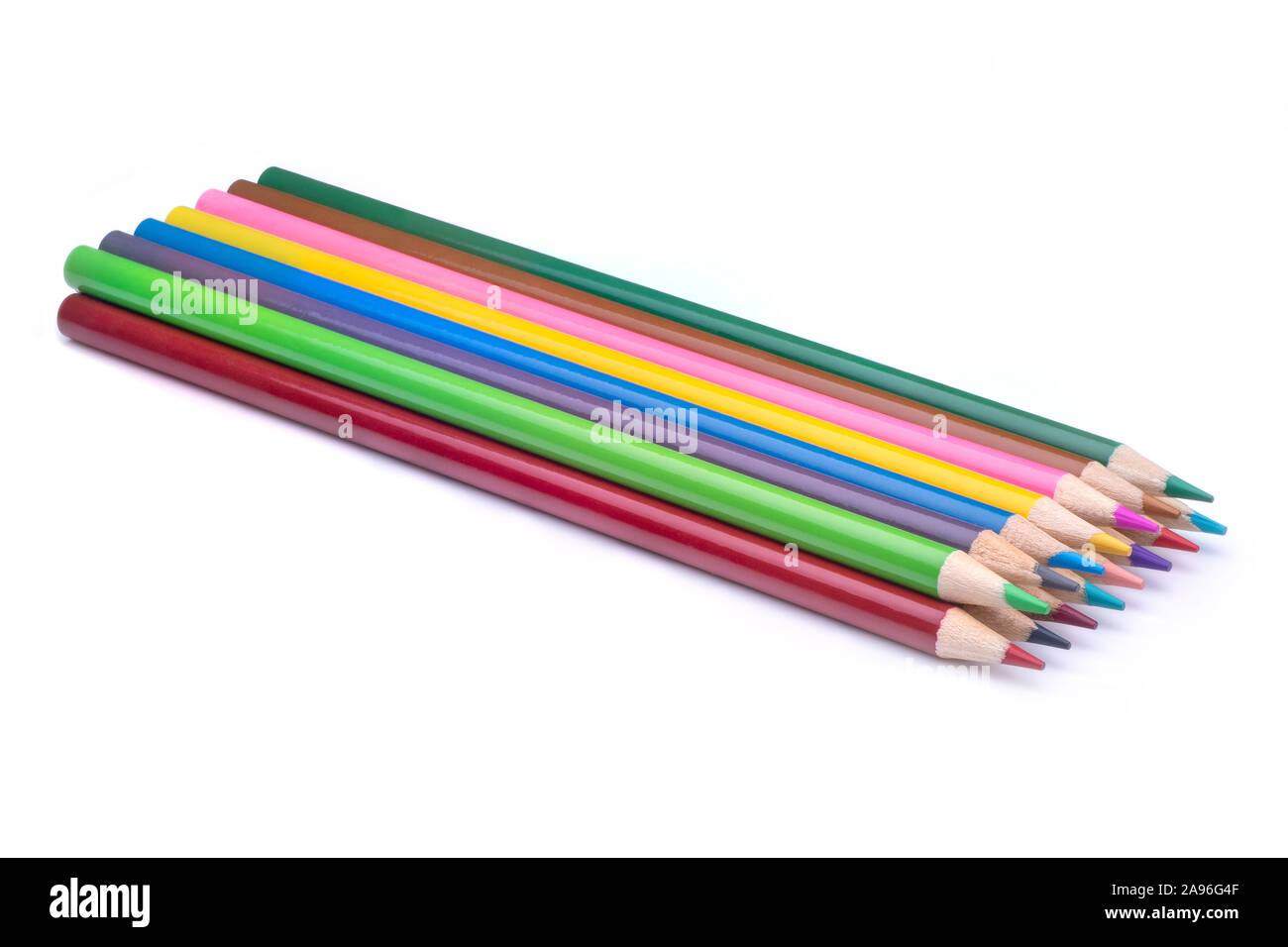 Coloured pencils stacked in 2 rows on white background Stock Photo - Alamy