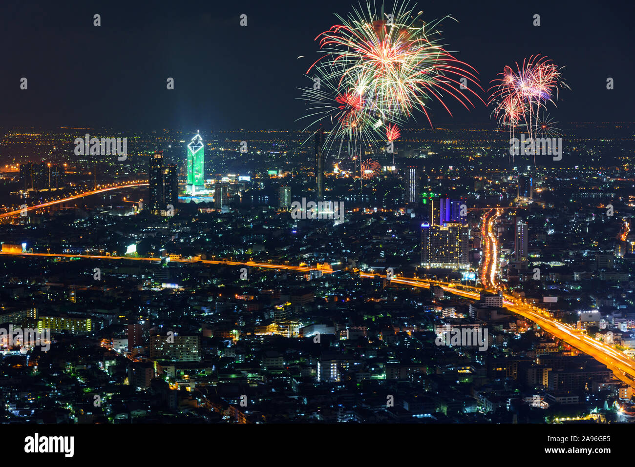 high view of city with fireworks Stock Photo - Alamy