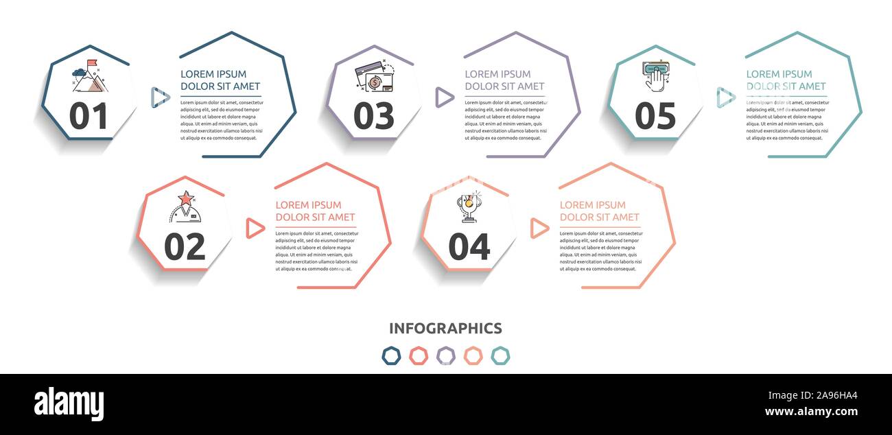 Vector flat infographic template. Line heptagon with text and icons for five diagrams, graph ...