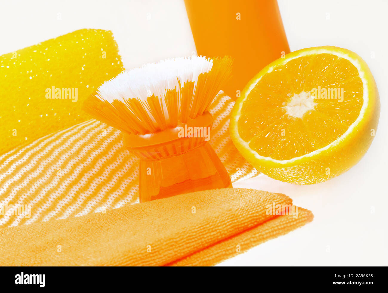 Cleaning products and orange fragrance on white background Stock Photo ...