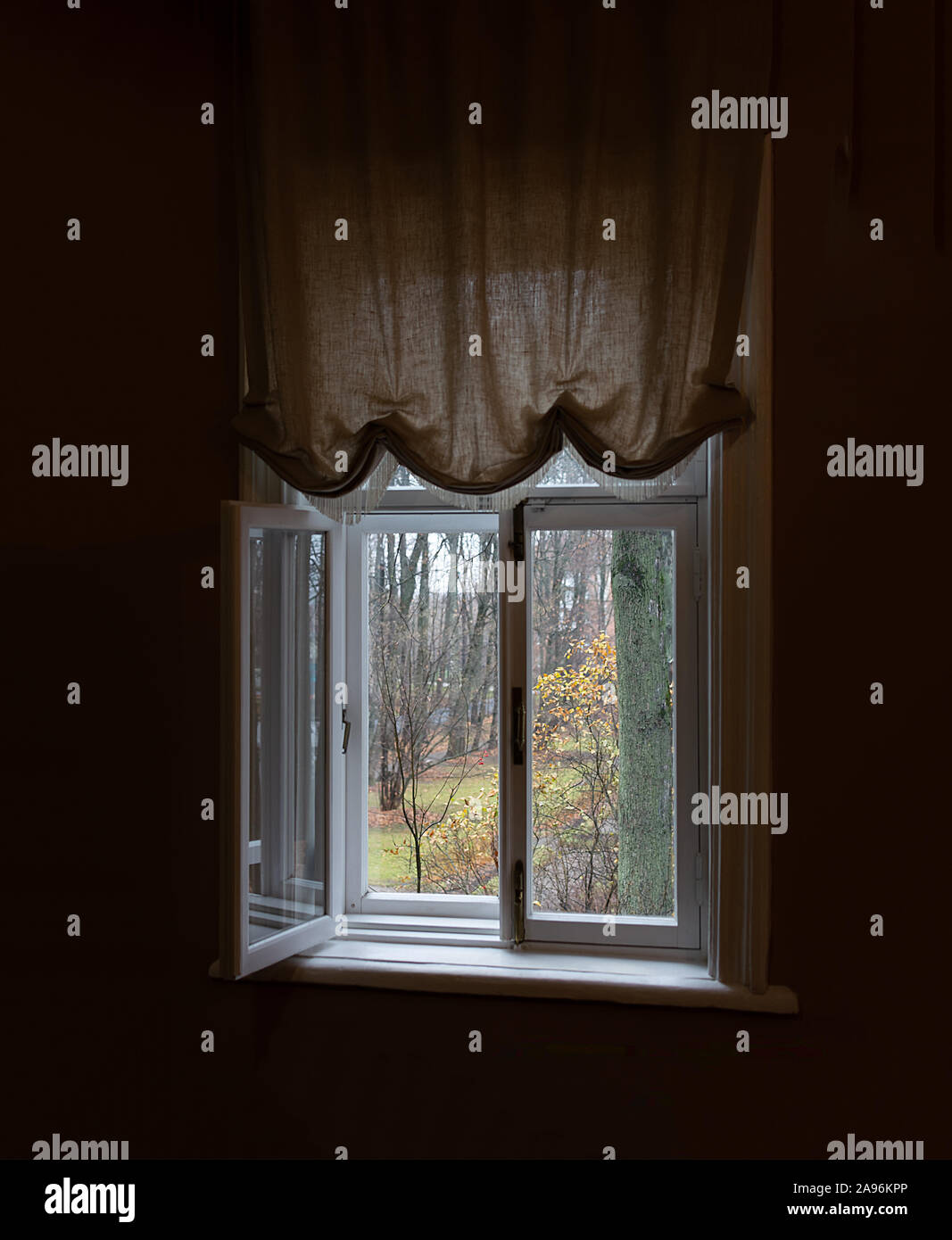 Open window in a dark room overlooking the autumn forest. Rainy day ...