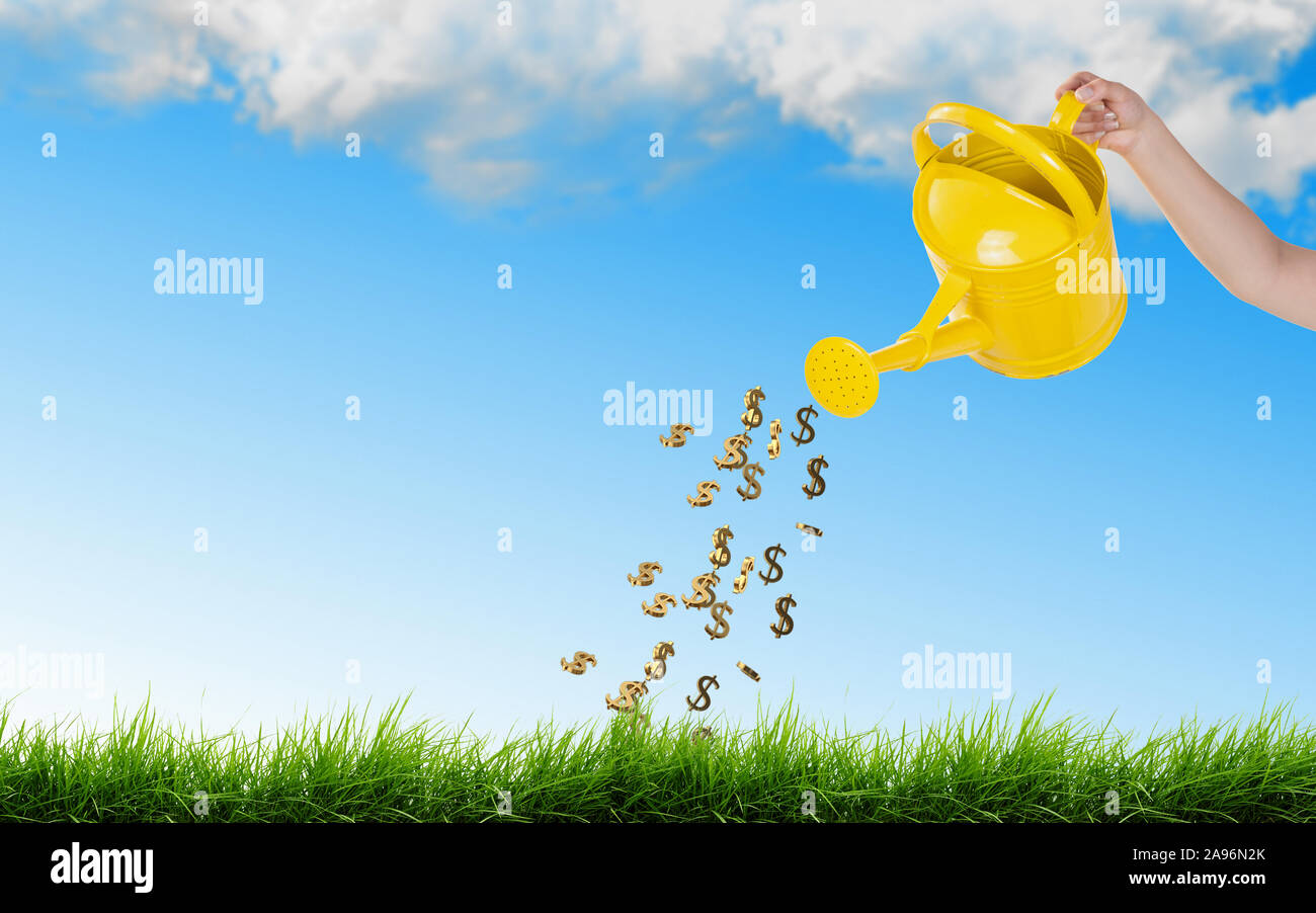Dollar signs are coming out from a yellow watering can holding by a ...
