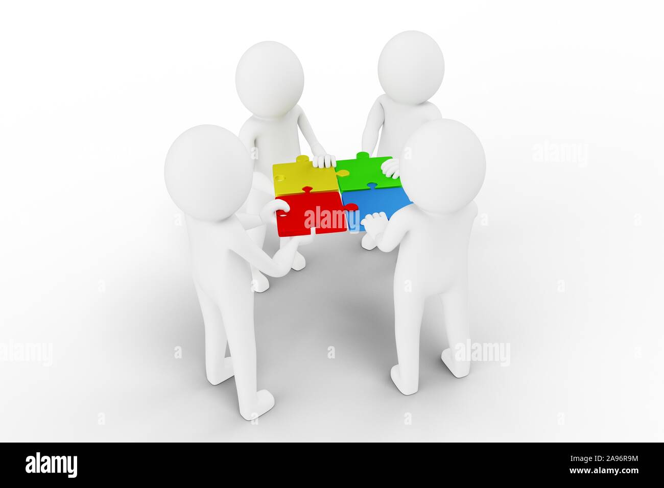 3D Men are solving a jigsaw puzzle against white background. 3D ...