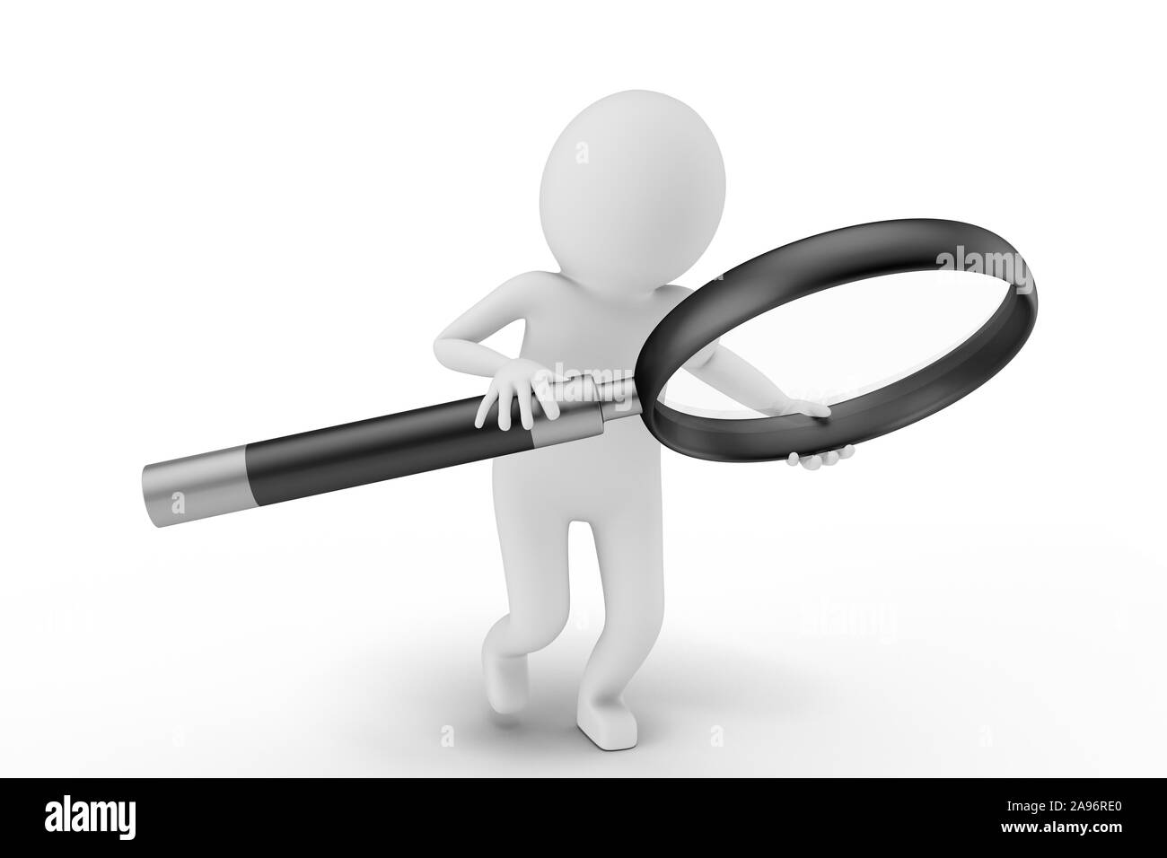 3D Man is searching with a magnifier against white background. 3D ...