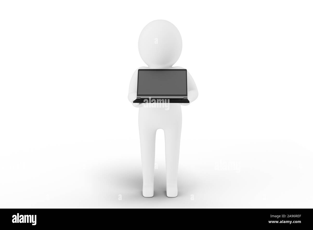 3D Man is holding a laptop against white background. 3D rendering Stock ...