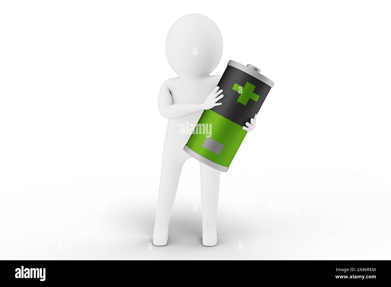3D Man is holding a battery against white background. 3D rendering ...