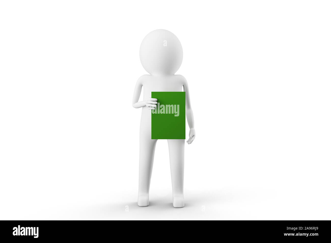 3D Man is holding s green card against white background. 3D rendering ...