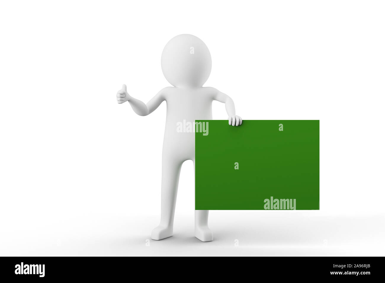 3D Man is holding s green card against white background. 3D rendering ...