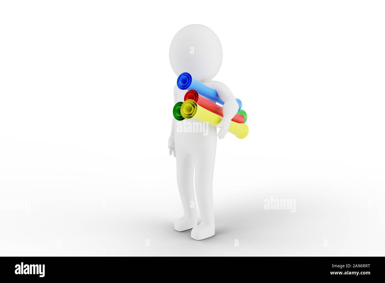 3D Man is holding engineering plans or blueprints against white ...