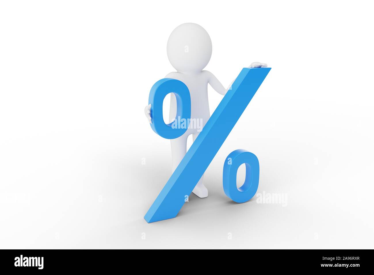 3D Man is holding a blue percentage sign against white background. High ...