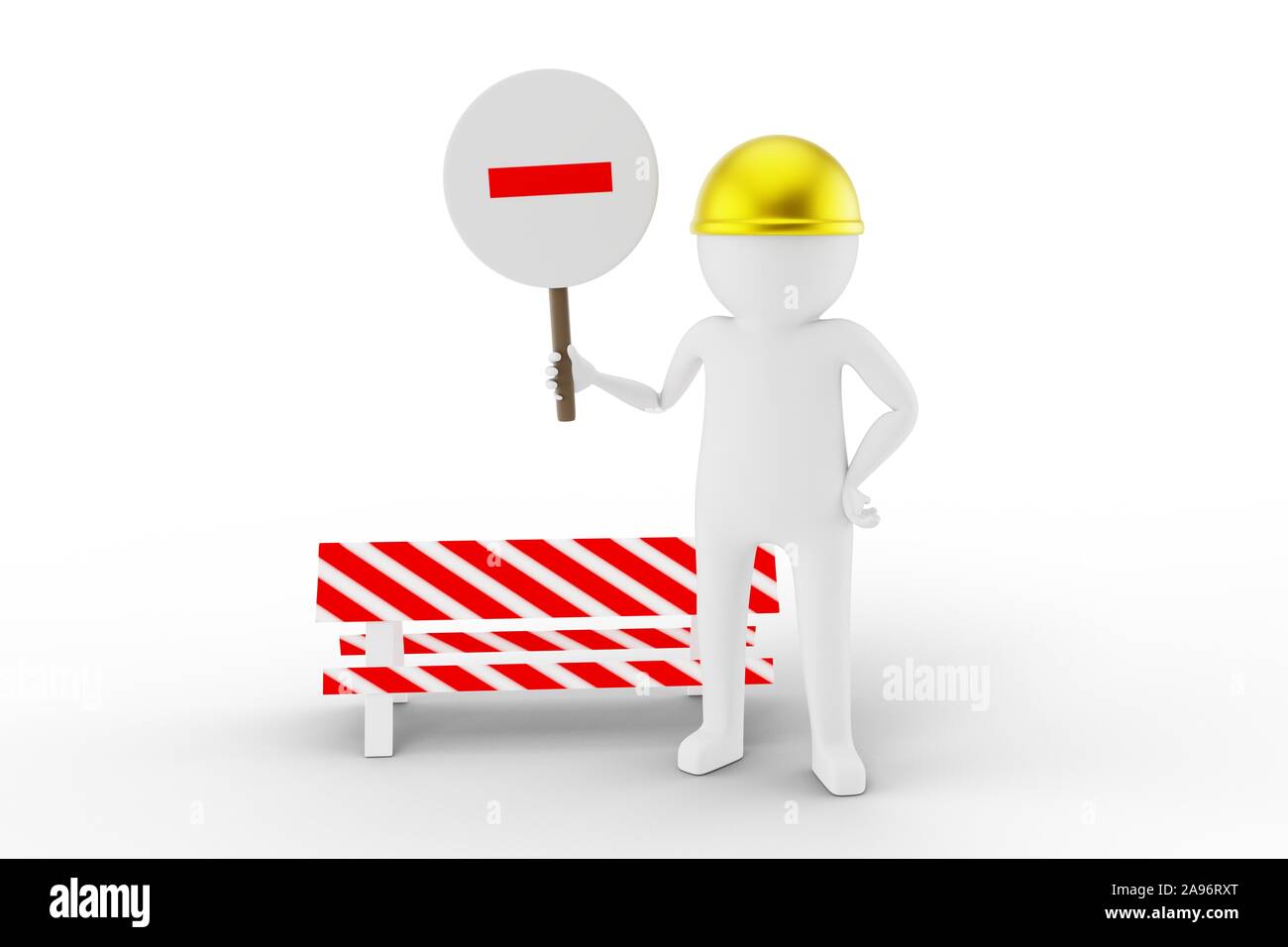 3D Man is a road worker and holding a do not enter sign with road ...