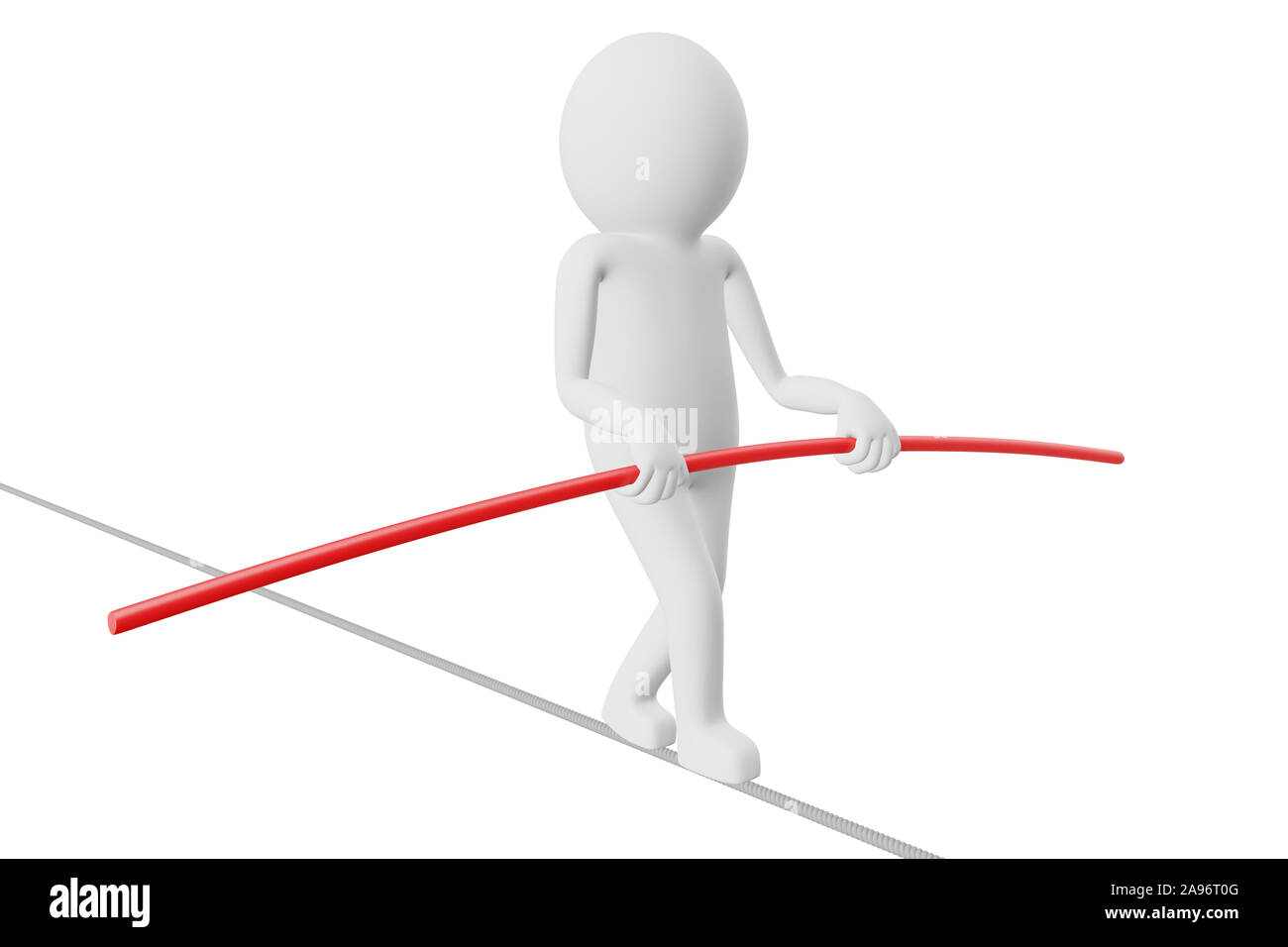 3D Man is trying to walk on a rope with a balancing stick against white ...
