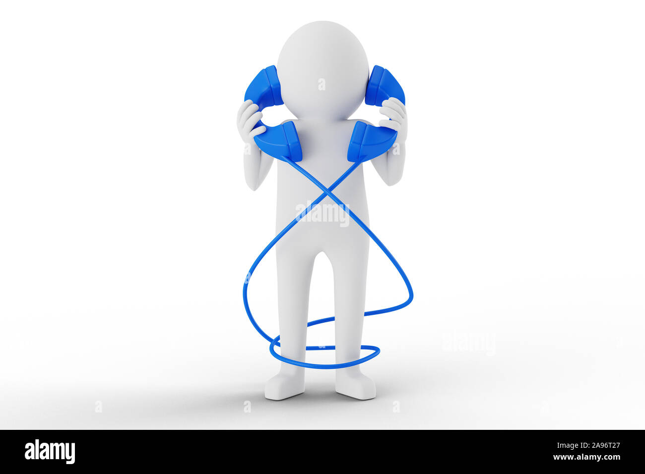 3D Man is really busy and trying to talk with two telephones at the ...