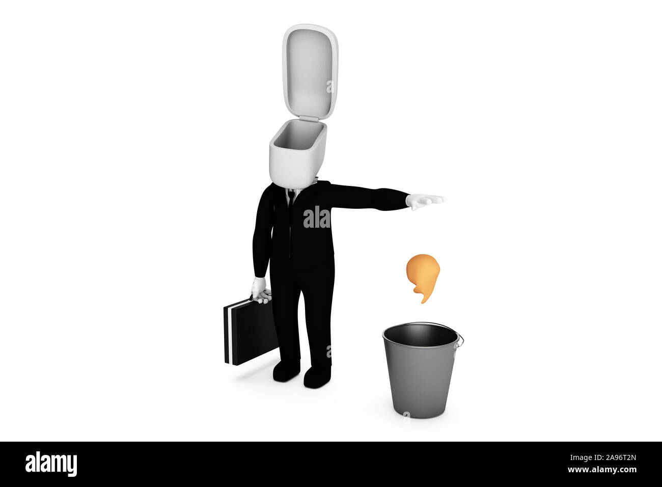 3D Man is throwing his brain into a trash bin against white background ...