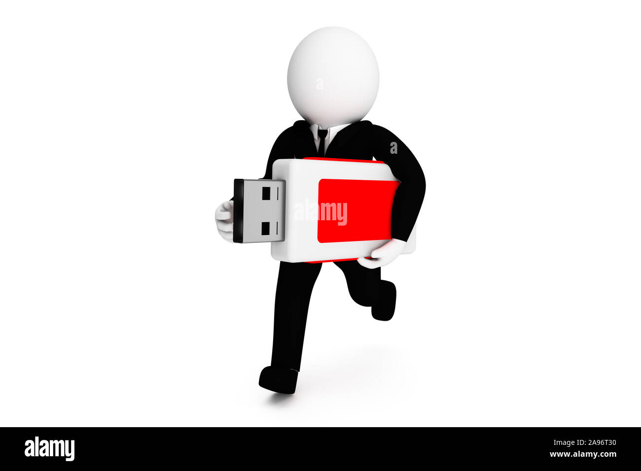 3D Man is running fast with a red flash drive against white background ...