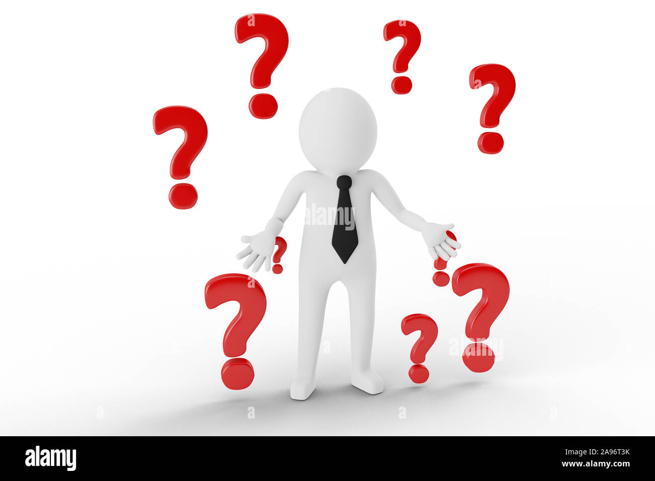 3D Man has many problems in his mind with red question marks against ...