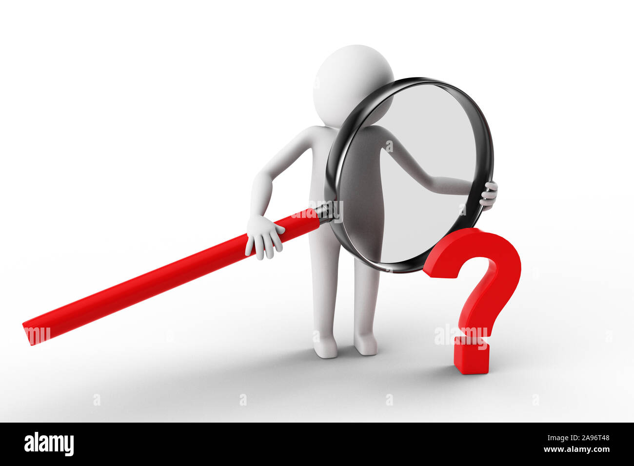 3D Man is checking a question mark with magnifier against white ...