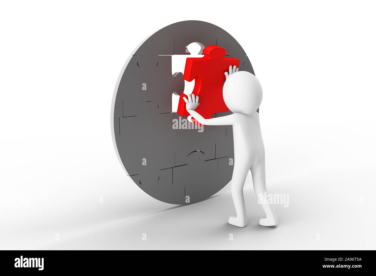 3D Man is finishing a jigsaw puzzle by placing last piece against white ...